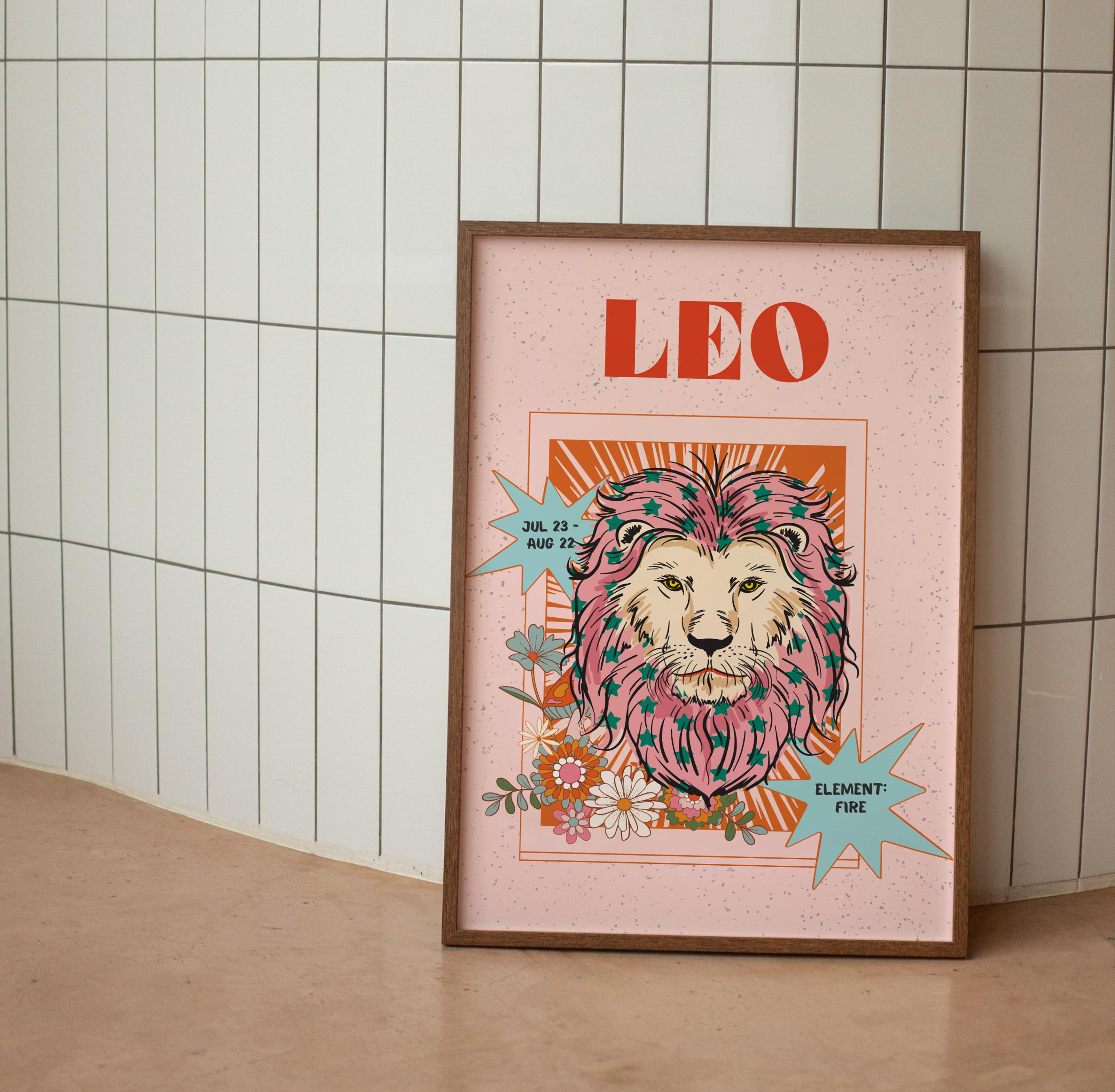 Leo Poster, Leo Zodiac Star Sign Print, Retro Wall Decor, Digital ...