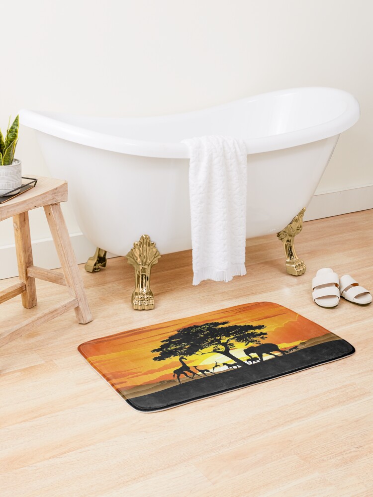 Wild Animals On African Savanna Sunset | Bath Mat Designed & Sold By ...