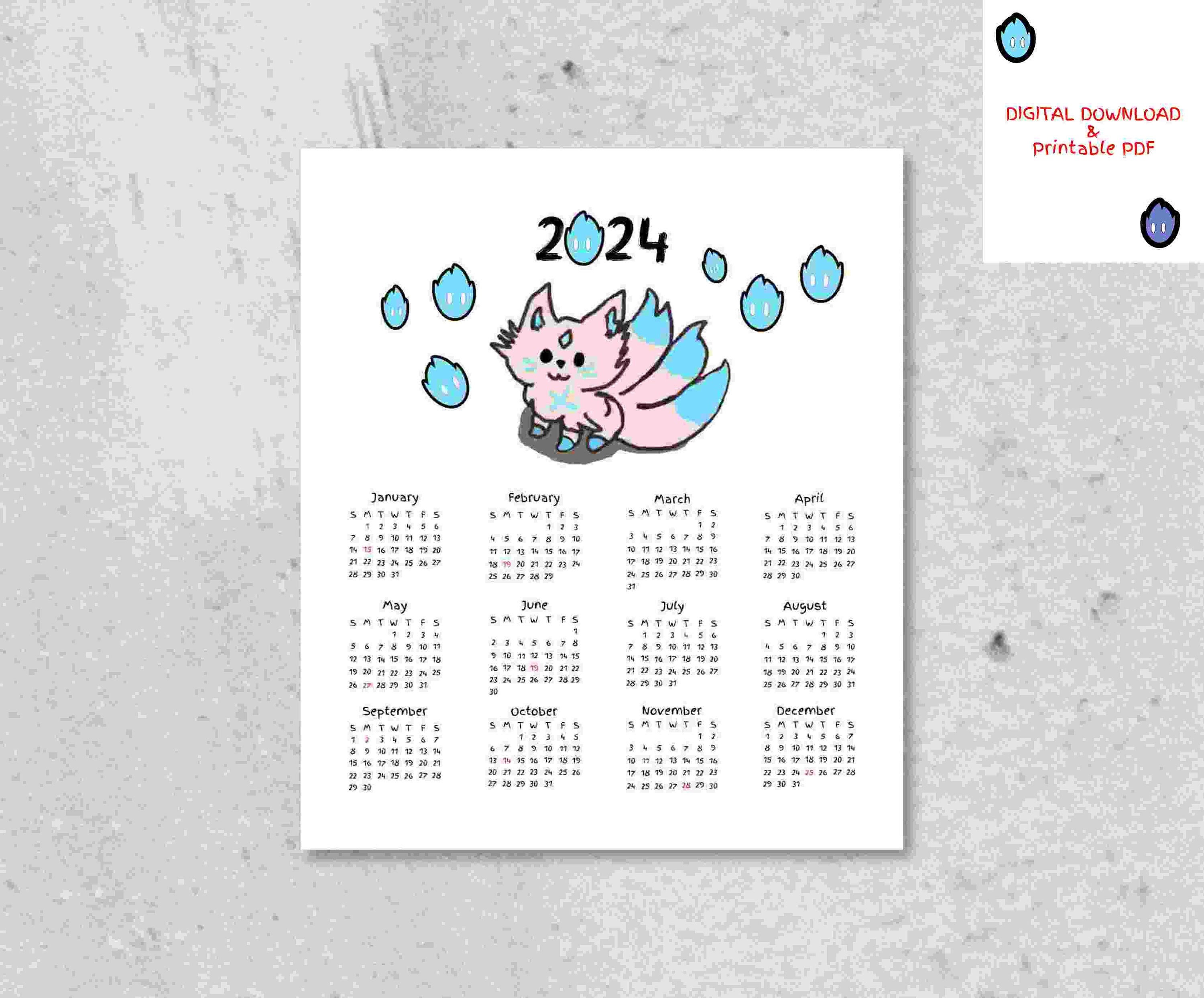 Kitsu Buddy 2024 Calendar With Chibi Fox & Spirit Flames Art ...