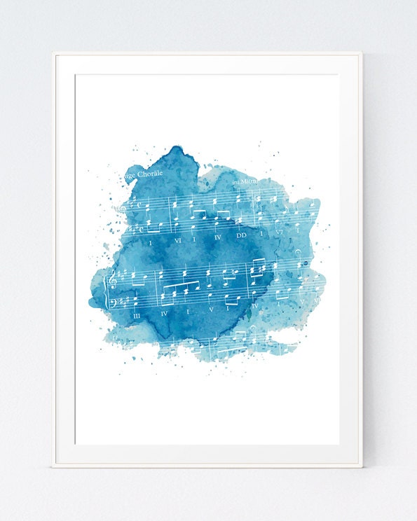 Blue Watercolor Music Art Print, Partiture Blue Decor, Abstract ...