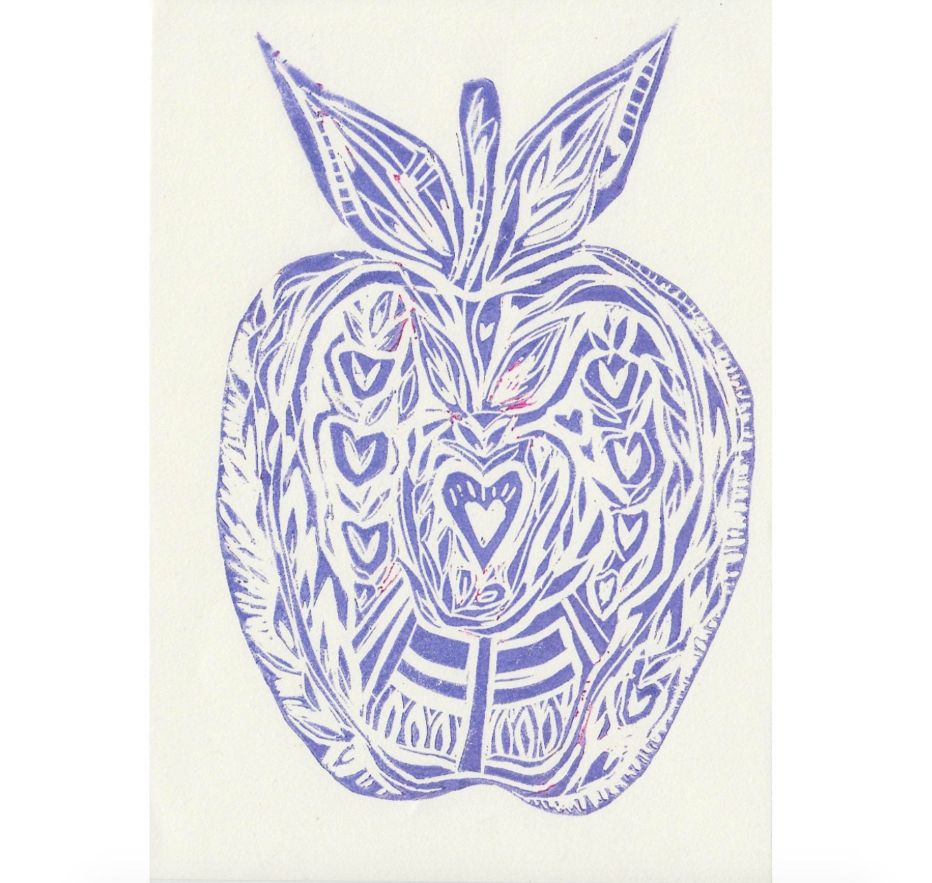 Apple Linocut Print / Blue Original Printmaking Art