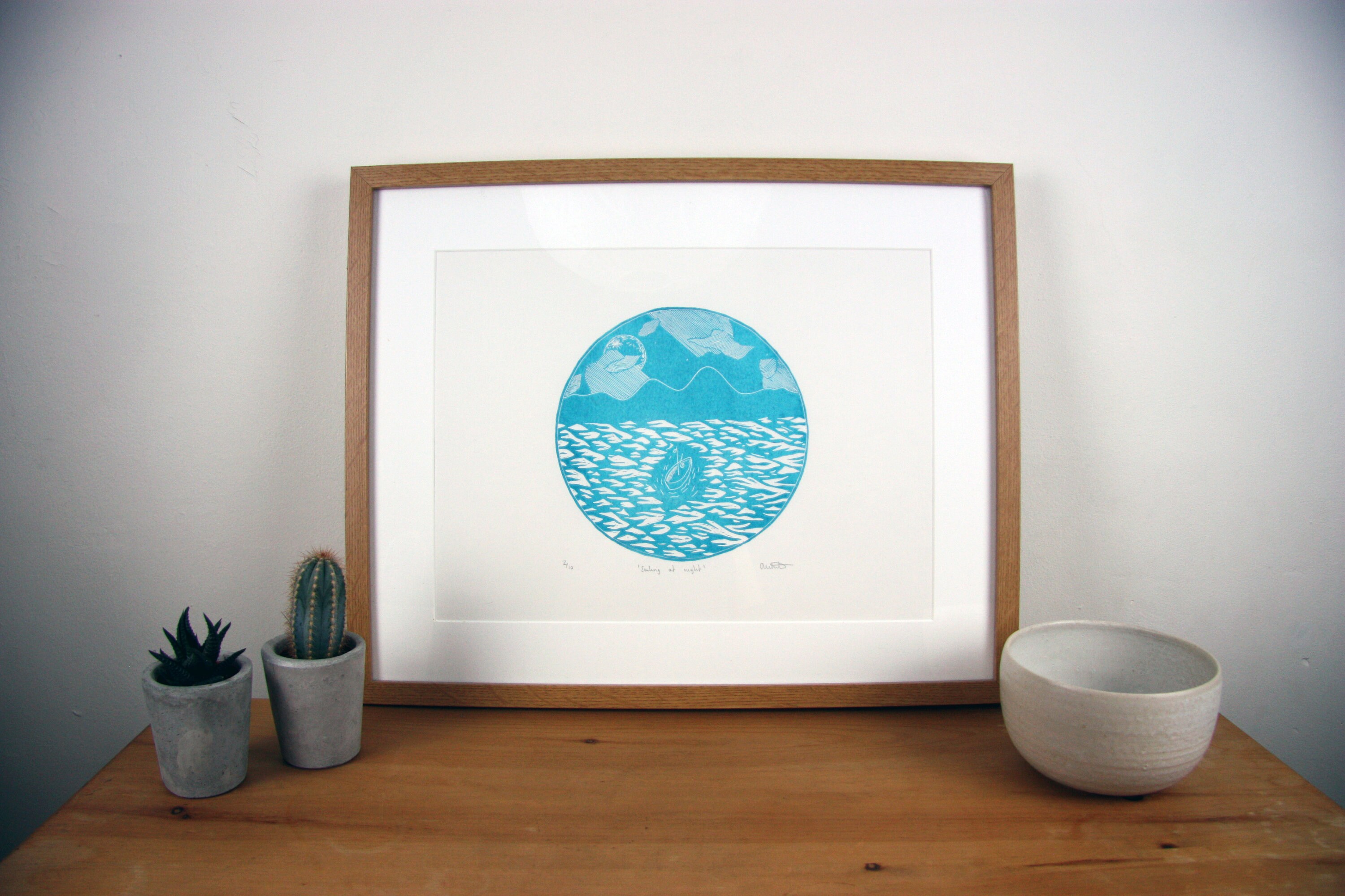 Sailing At Night, Linocut, Boat, Sea, Printmaking