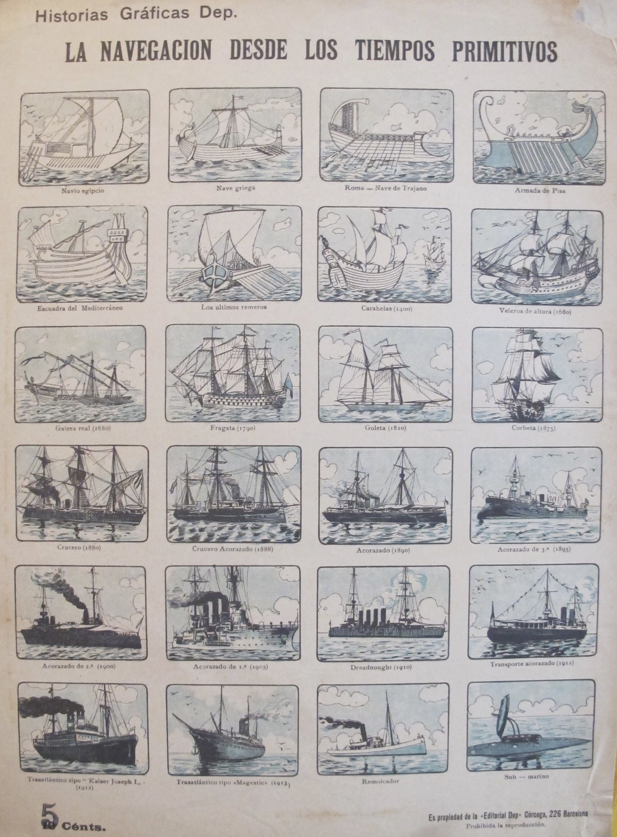 1920s Spanish Maritime Poster, La Navigacion Desde Los Tiempos ...