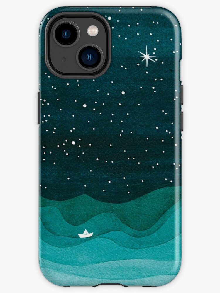 Starry Ocean, Teal Sailboat Watercolor Sea Waves Night | IPhone Case