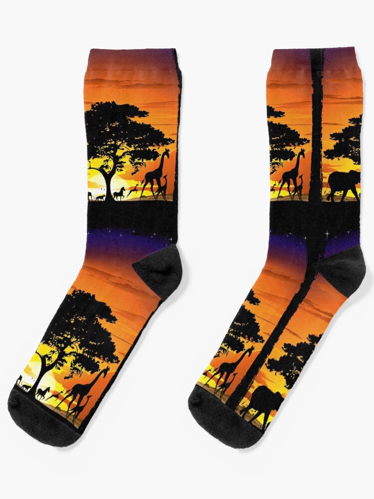 Wild Animals On African Savanna Sunset | Socks Designed & Sold By ClarkMurphy