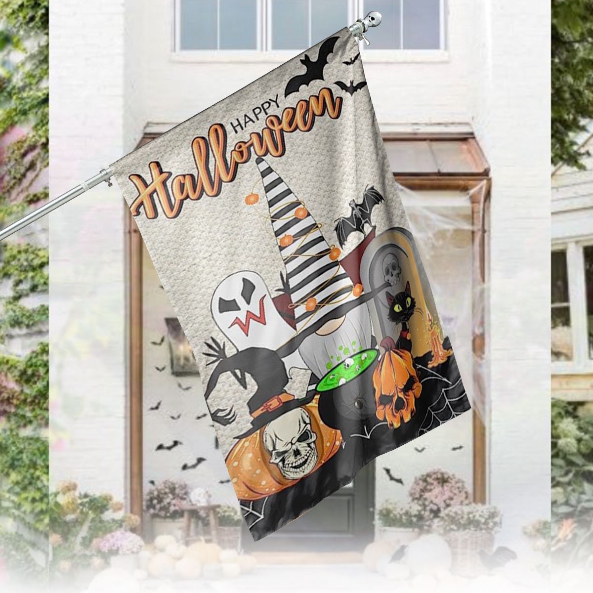 Pumpkin Ghost Skull And Black Cat Happy Halloween Flag, Pumpkin Cat ...