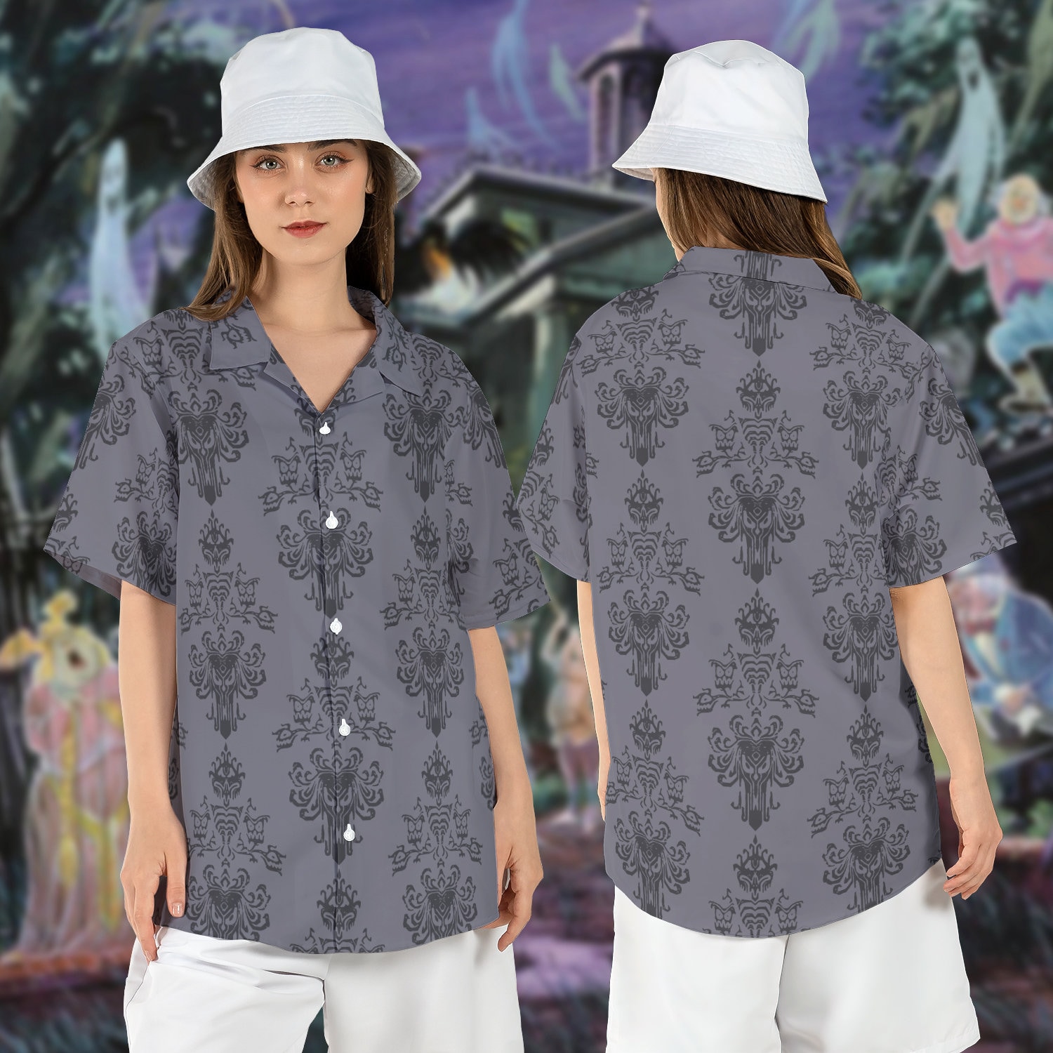 Haunted Mansion Pattern Hawaiian Shirt, Hitchhiking Ghosts Button Shirt ...
